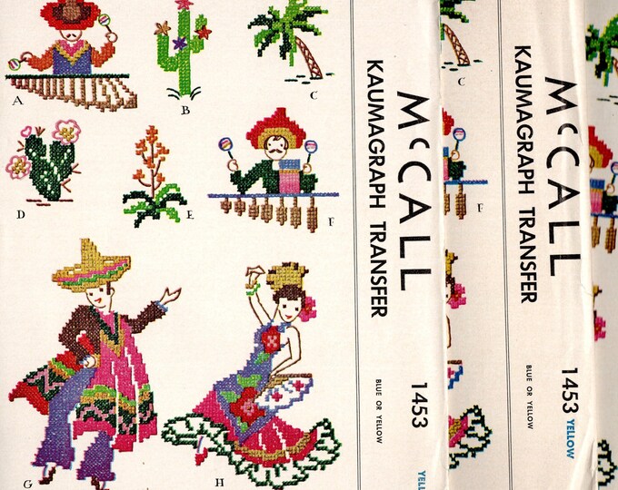 1940s 3 Kaumagraph Heat Transfer Embroidery Patterns W/ Mexican Designs ...