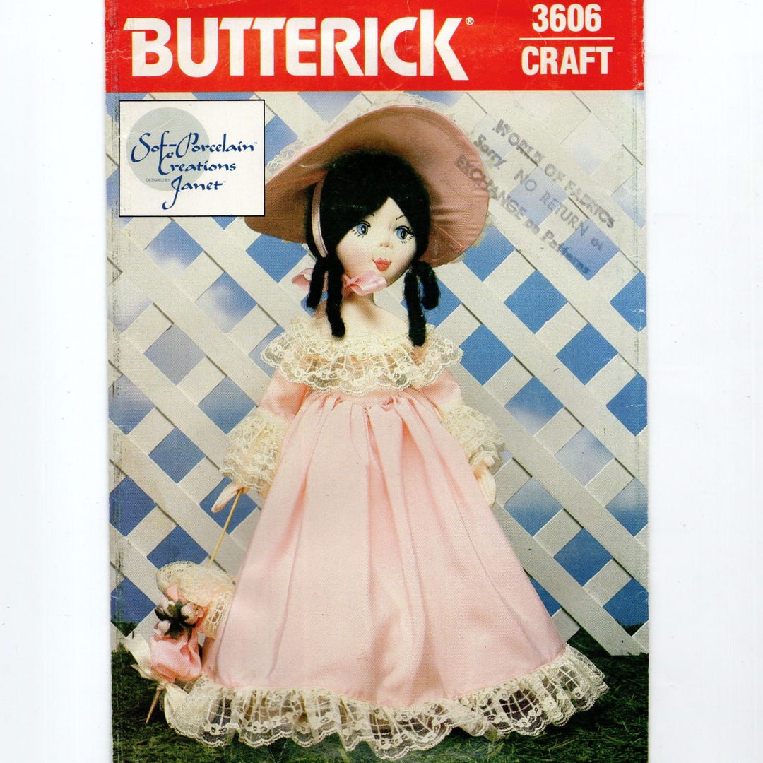 19" Soft Sculpture Doll Pattern, W/ Dress, Underclothes, Parasol & Hat ...