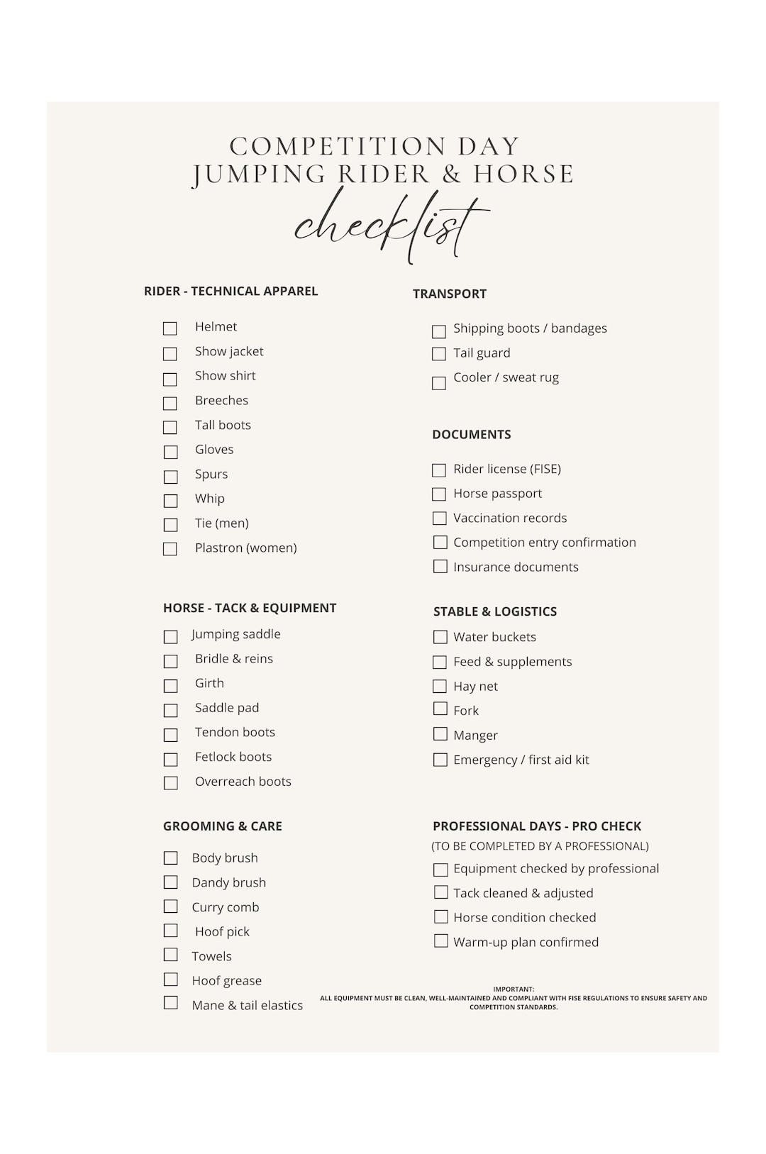 Competition Day Checklist for Jumping Rider & Horse, Printable ...