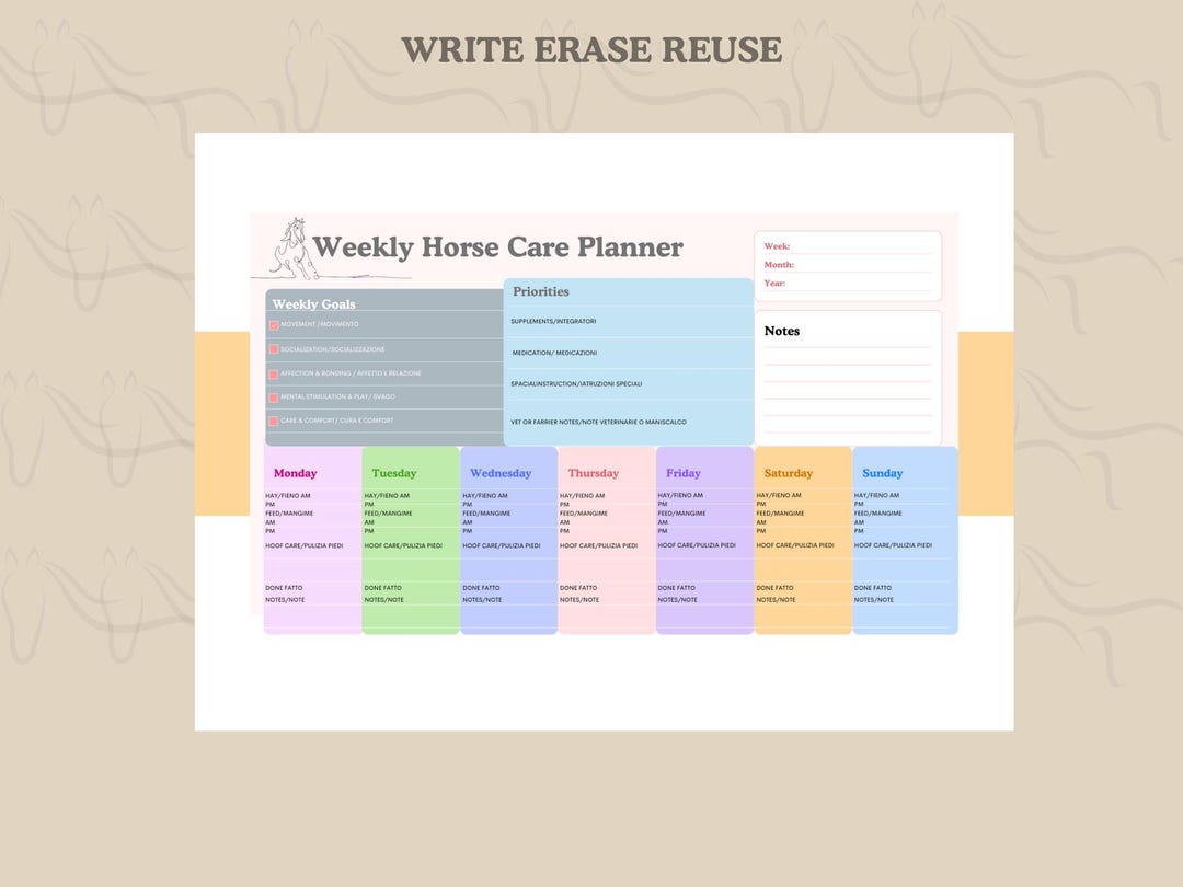 Weekly Horse Care Planner Printable, Stable Routine & Care Tracker ...