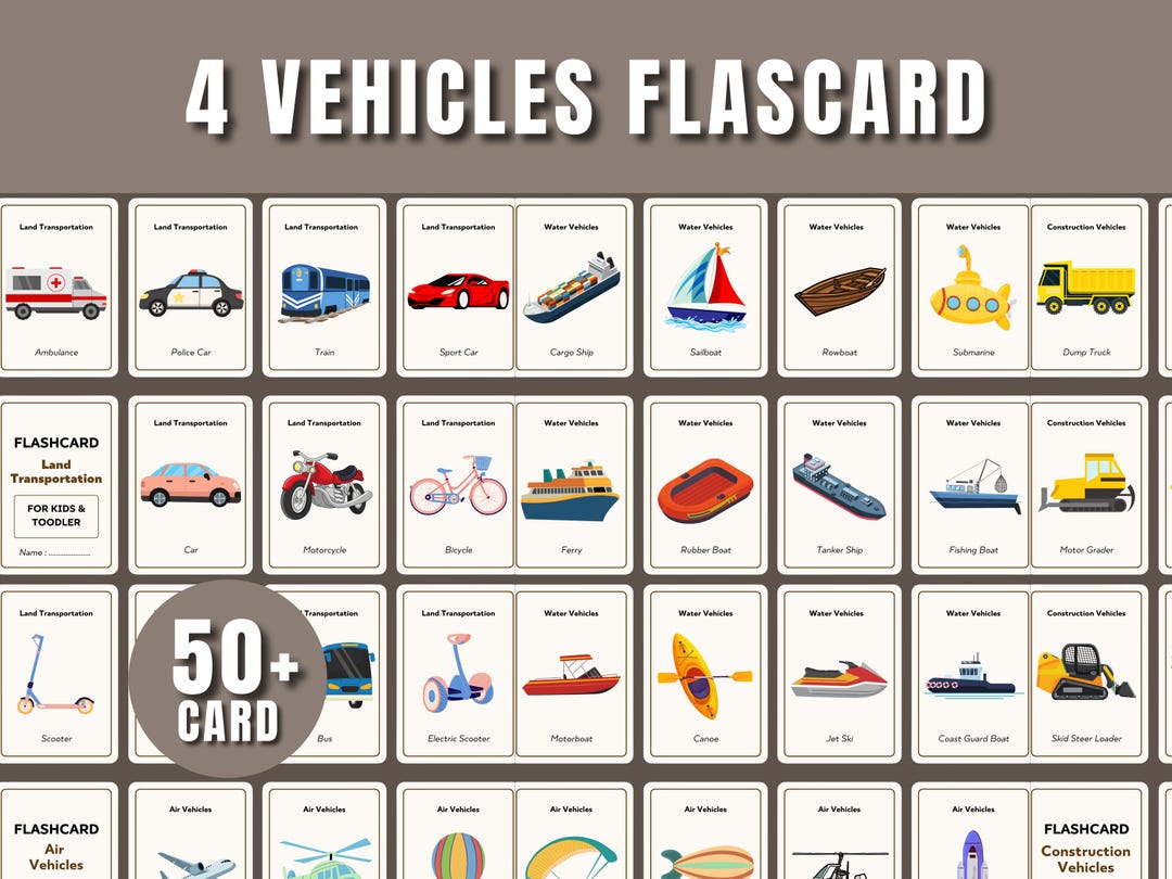 50+ Transportation Flash Cards , Montessori Flash Card, Vehicle Cards ...
