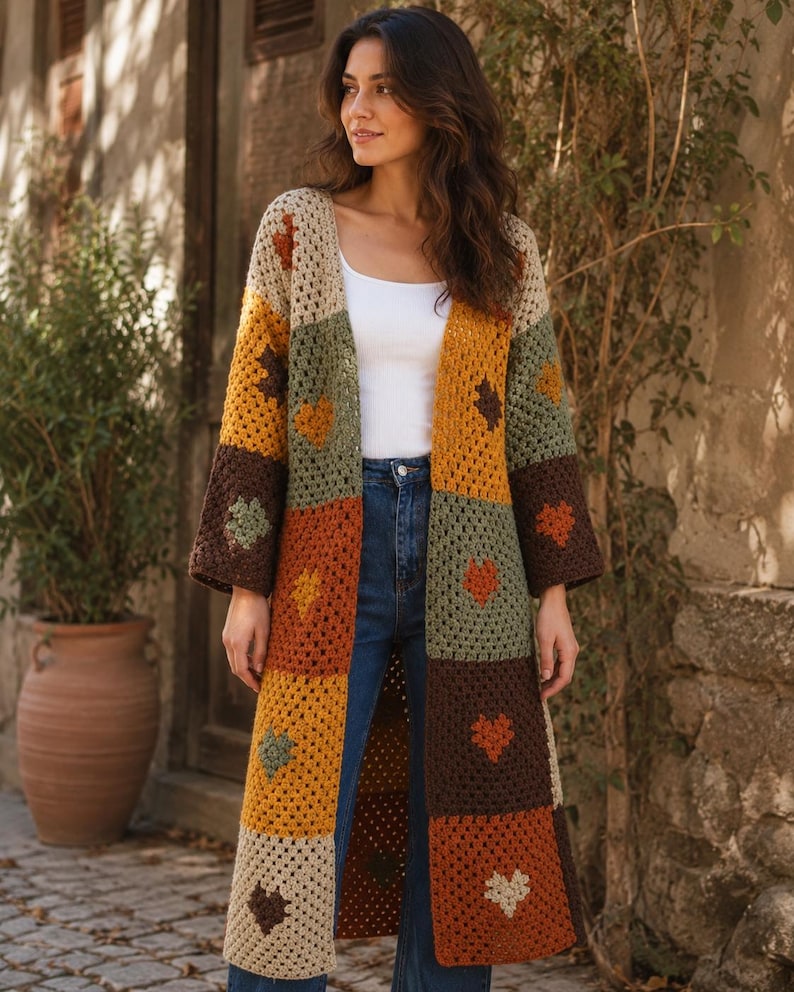 Boho Crochet Granny Square Duster Cardigan Pattern | Long Handmade ...