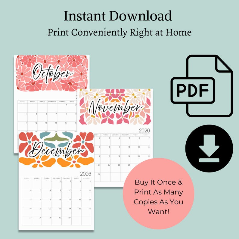 Printable 2026 Floral Calendar Sunday Start, Monthly Flower Calendar ...