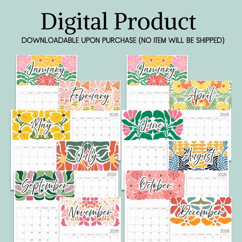 Printable 2026 Floral Calendar Sunday Start, Monthly Flower Calendar ...
