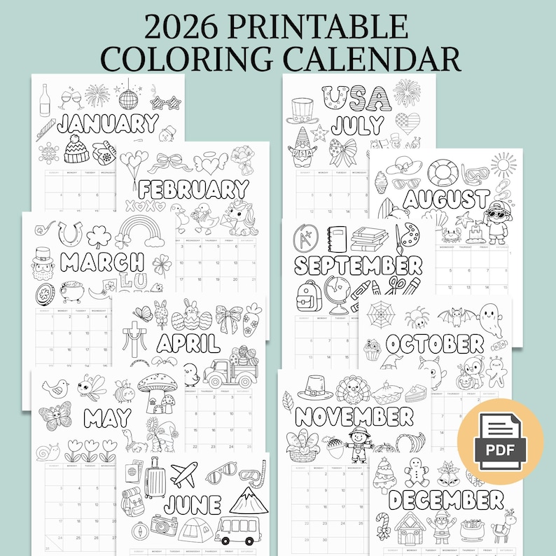 2026 Coloring Calendar for Kids Printable, Monthly Coloring Pages ...