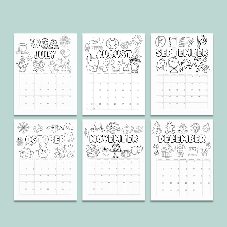 2026 Coloring Calendar for Kids Printable, Monthly Coloring Pages ...