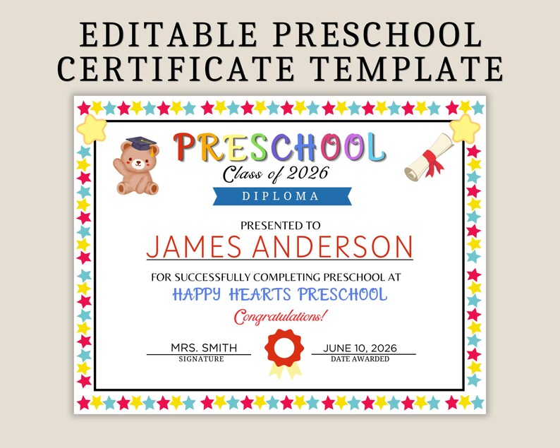 Editable Preschool Diploma Template, Kindergarten Graduation ...