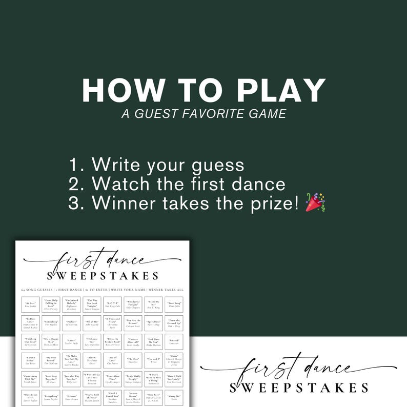 Wedding First Dance Sweepstake Game, First Dance Song Guess Game ...