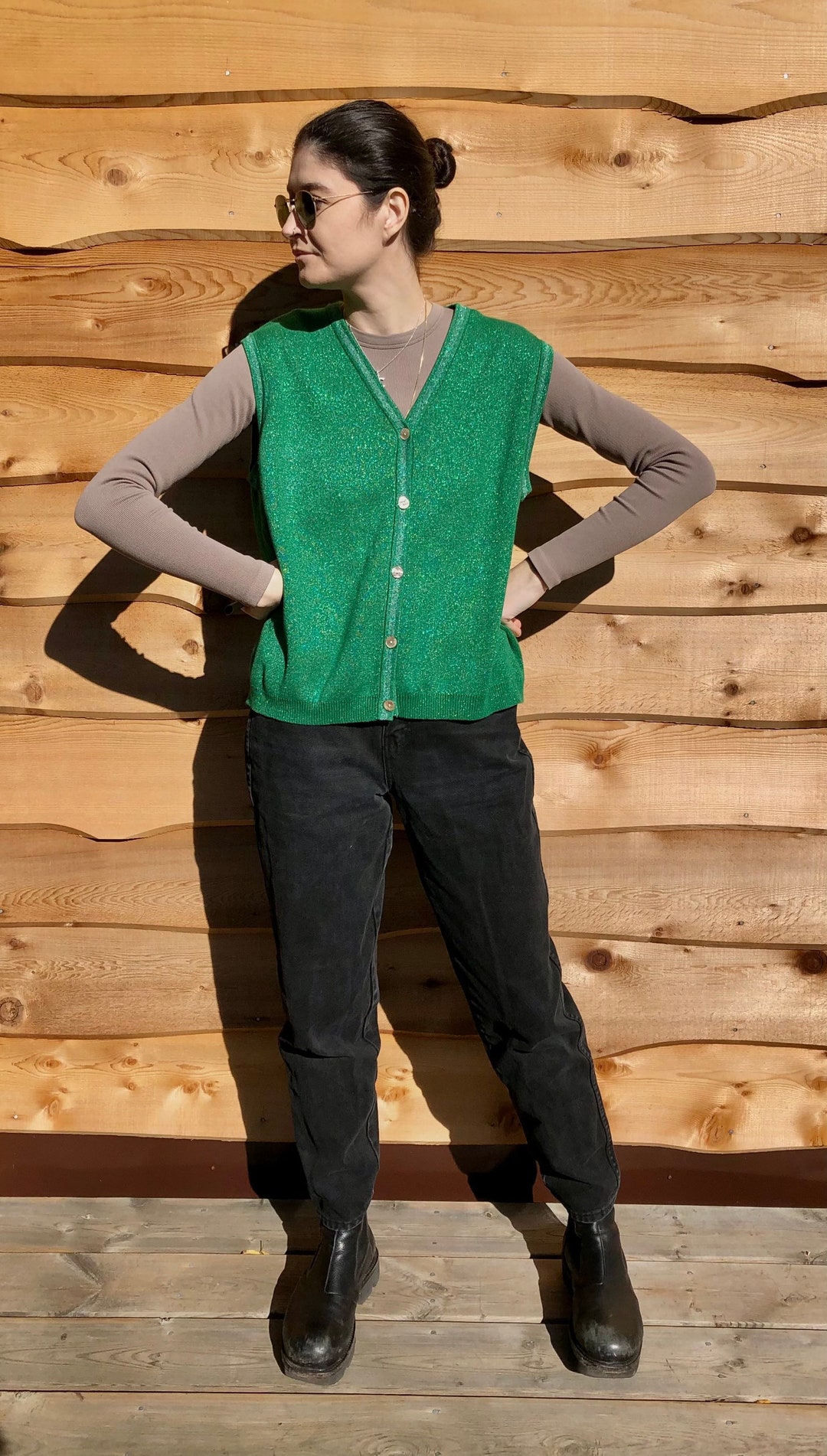 Vintage Green Sparkle Sweater Vest 80s Irridescent Shimmer Glitter ...