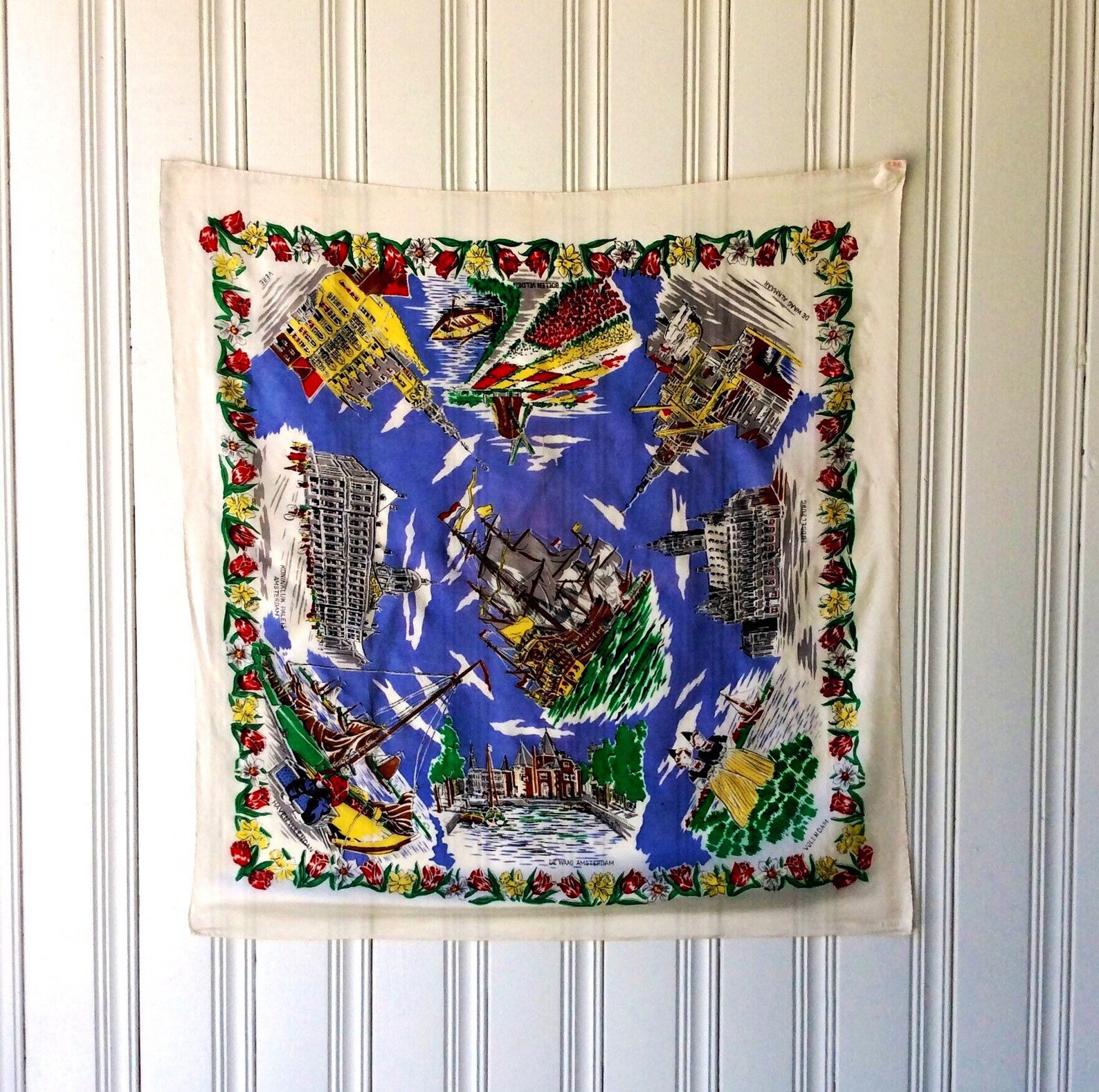 Vintage DUTCH SOUVENIR SCARF Silk Hand Rolled 1960s Tourist Large ...