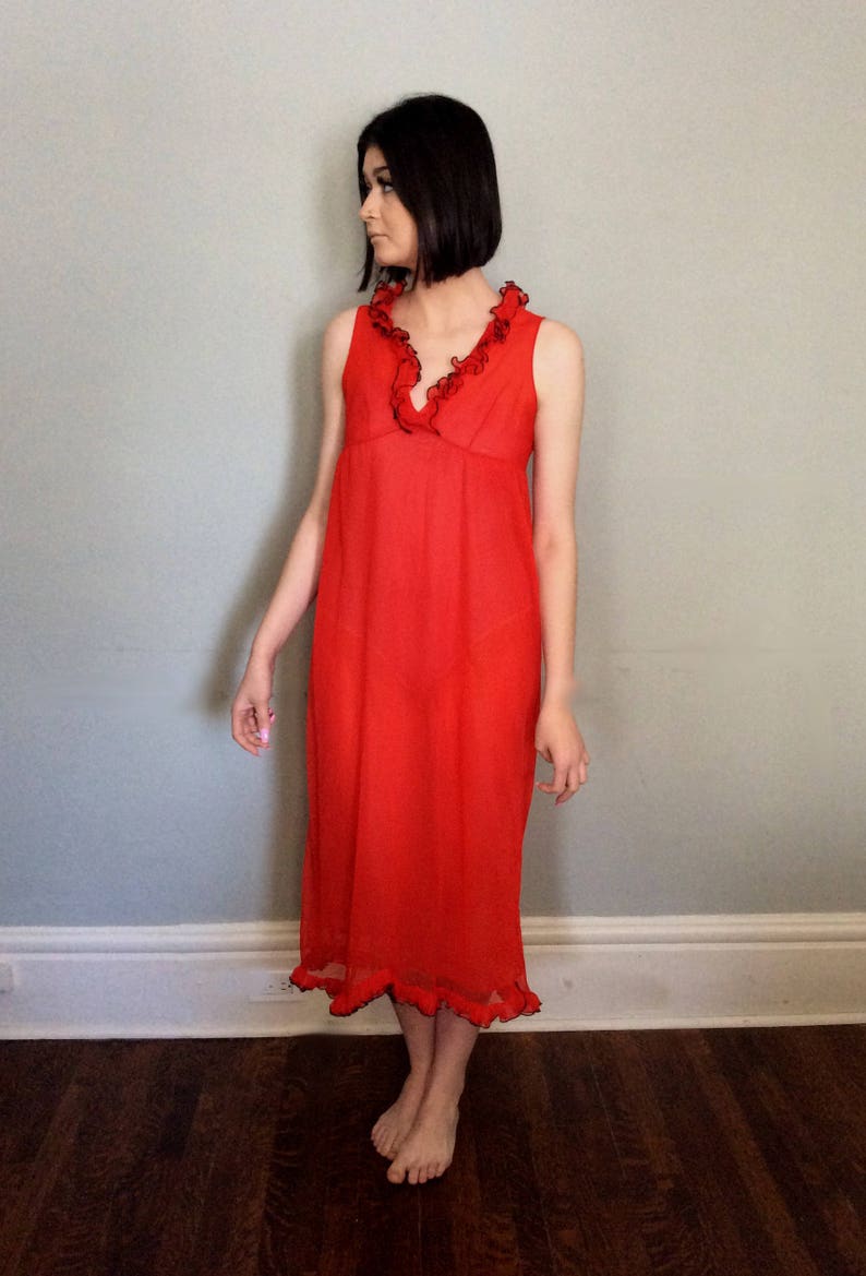 RED CHIFFON NIGHTGOWN 1970s 1960s Semi Sheer Long Nightie With Red and ...