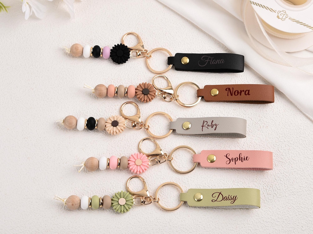 Personalized Keychain for Women, Custom Name Keychain PU Leather Bead ...