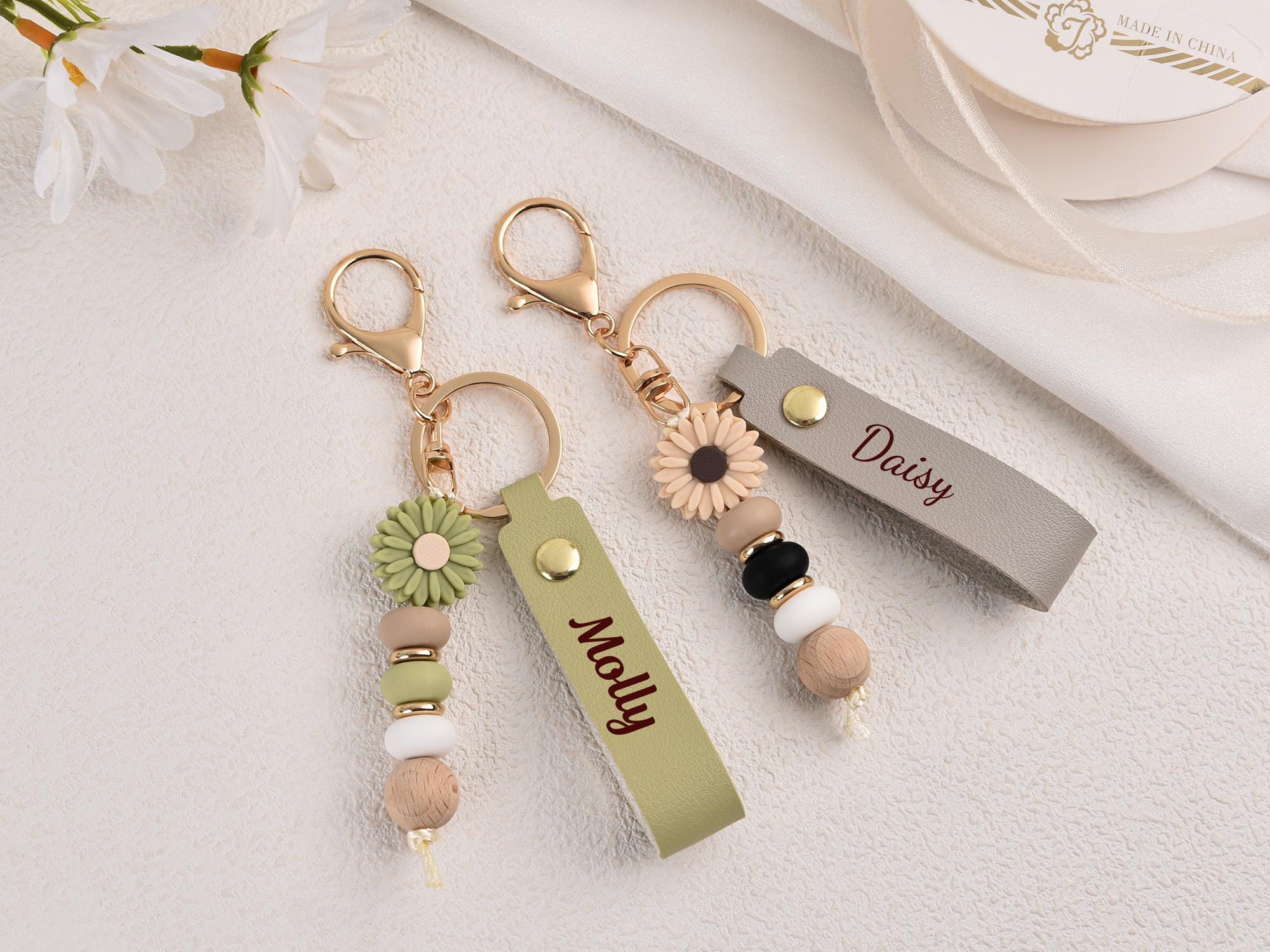 Personalized Keychain for Women, Custom Name Keychain PU Leather Bead ...