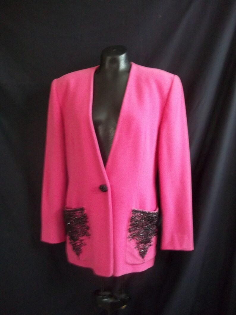Striking 80s Pink Cashmere & Black Beaded Anne Klein Jacket - Etsy