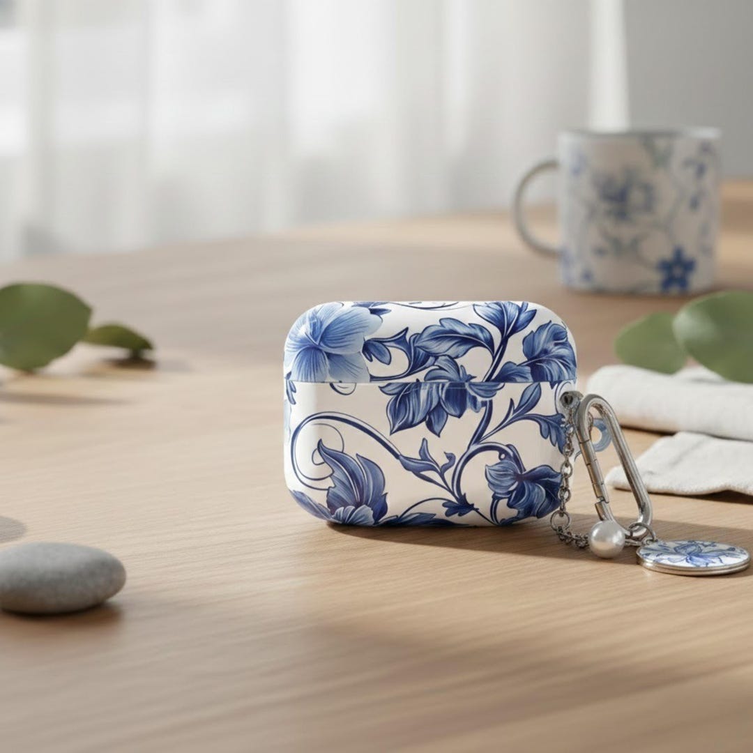 Blue Floral Airpods Case, Elegant Ceramic Style Earbud Cover ...