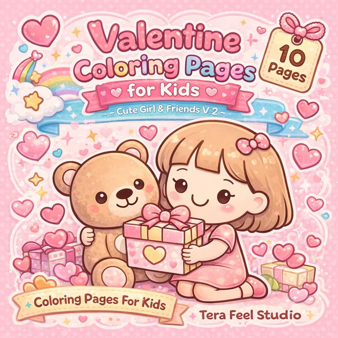Valentine's Day Coloring Pages, Kawaii Girl Theme (PDF, PNG Download ...
