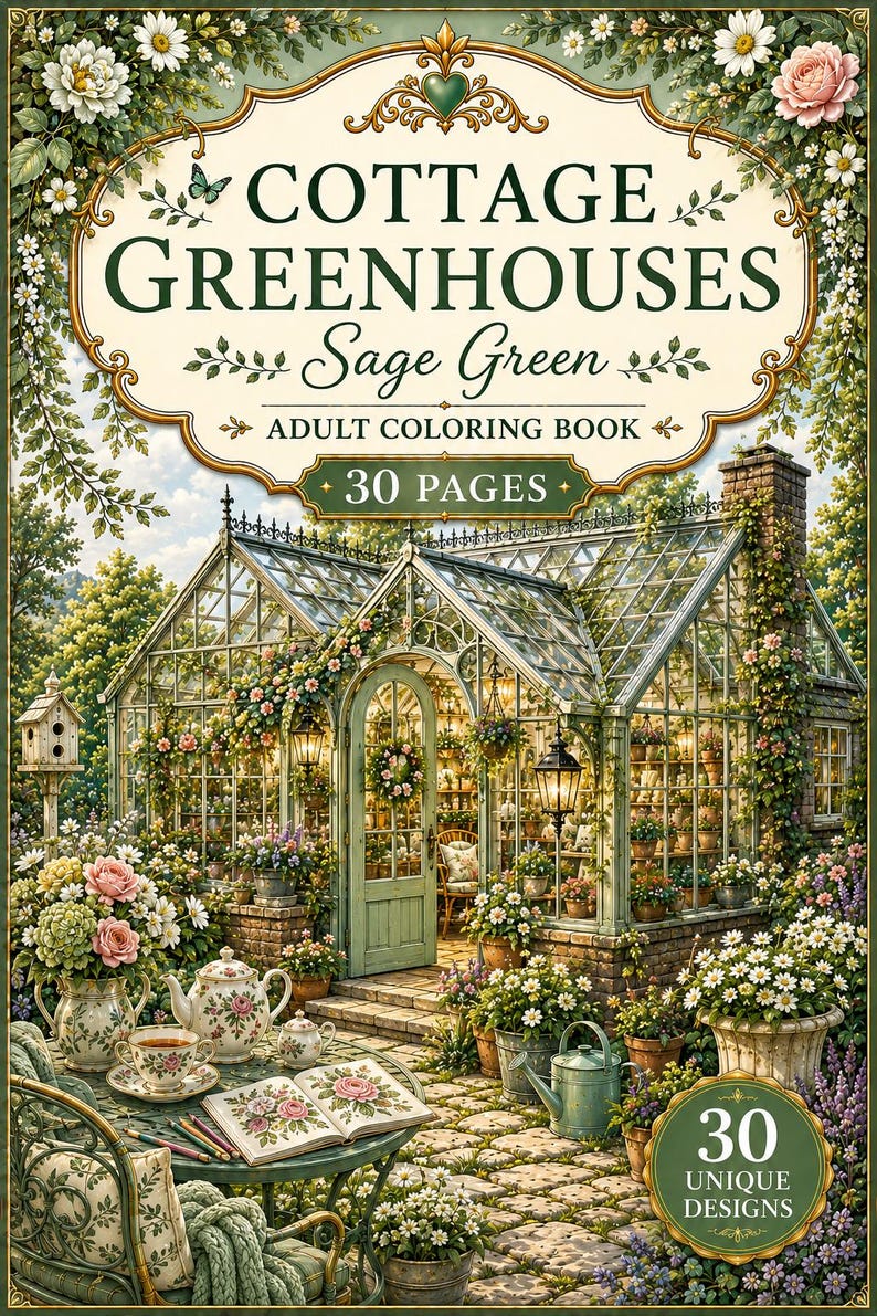 Cottage Greenhouses Adult Coloring Book | Vintage Garden Scenes ...