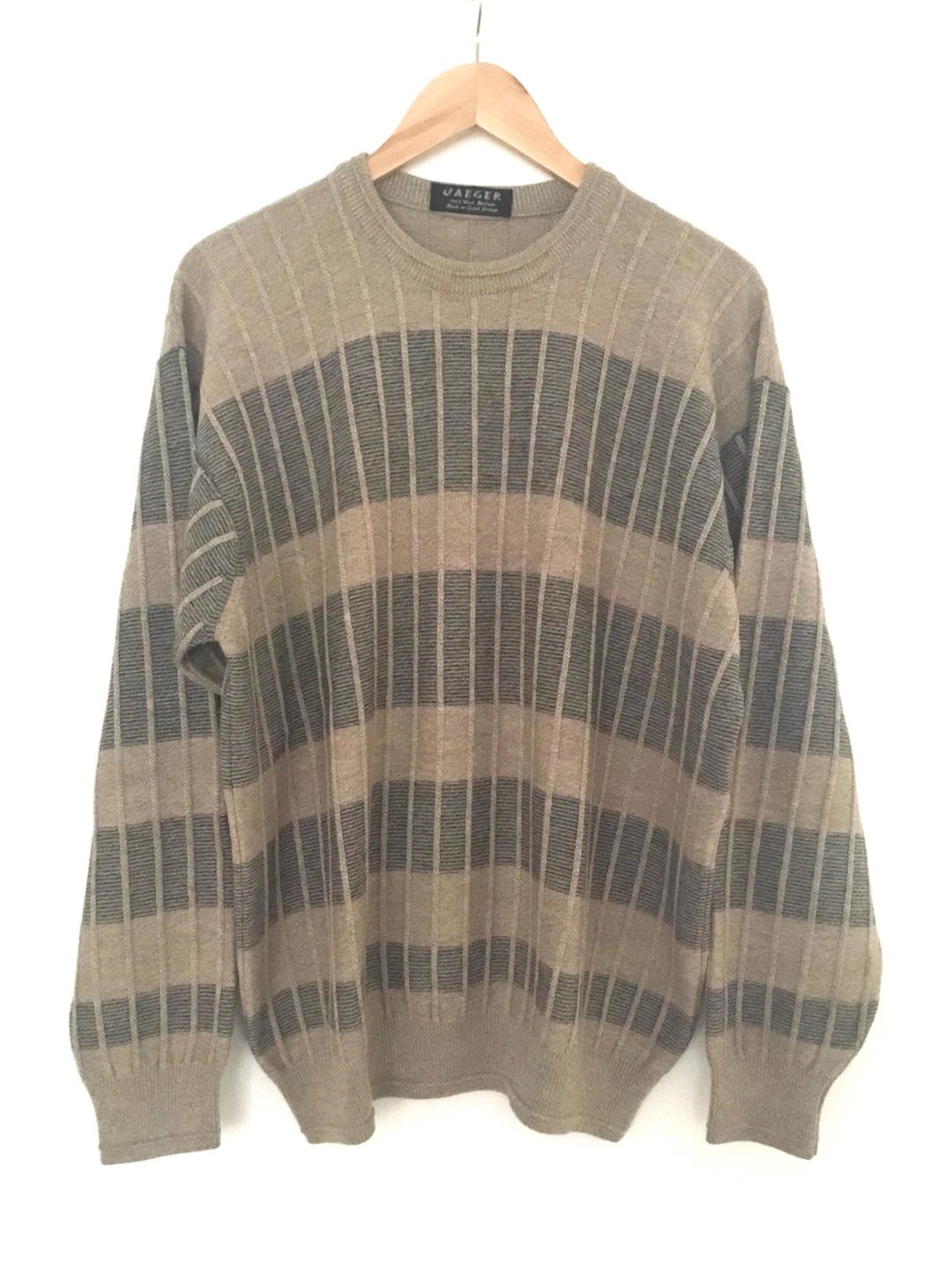 Vintage Jaeger 100% Wool Jumper, Made in Britain, Taupe Grey Ribbed ...