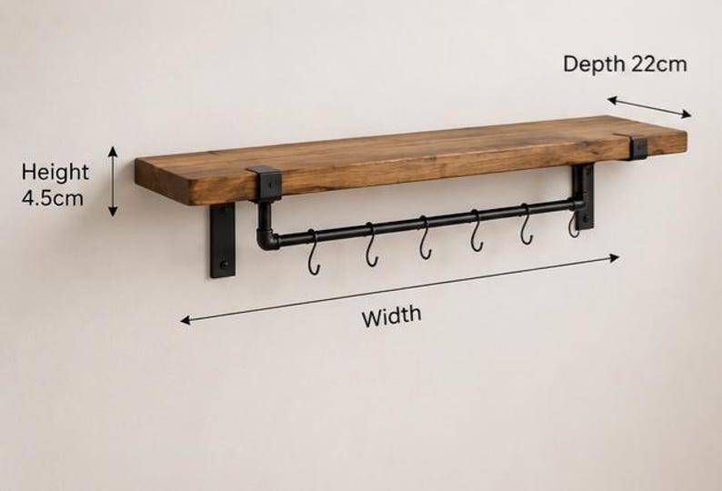 Rustic Industrial Kitchen Shelf With Pipe Rack – Solid Wood Wall Shelf ...
