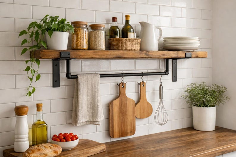 Rustic Industrial Kitchen Shelf With Pipe Rack – Solid Wood Wall Shelf ...
