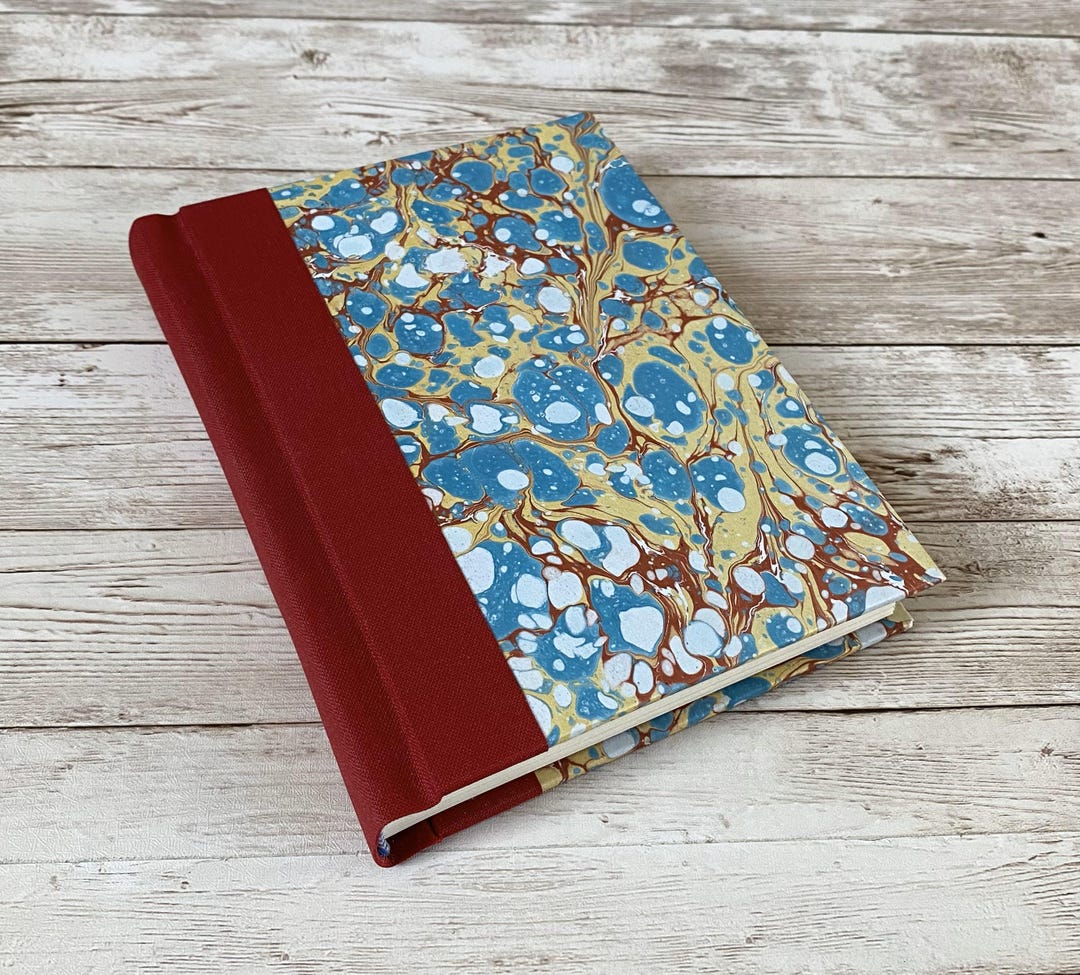 Colorful Marbled Journal, Red Book Cloth Sketchbook, Metallic Gold ...
