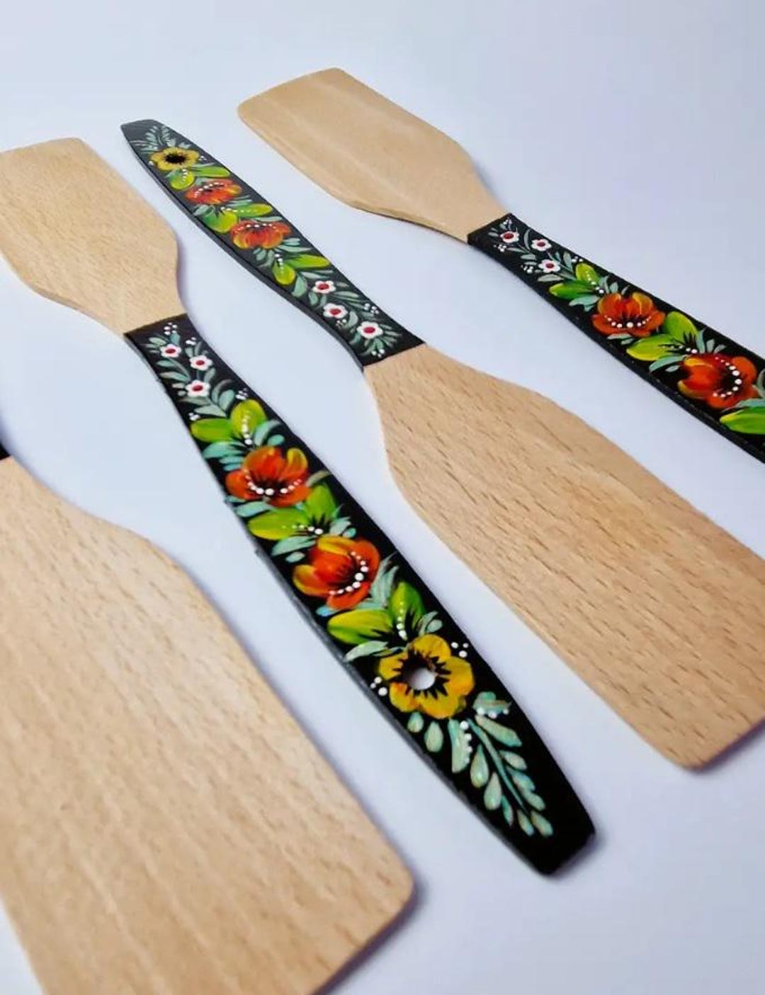 Set of 2 Hand-made Wooden Spatulas - Ukrainian Petrykivka Folk Art ...