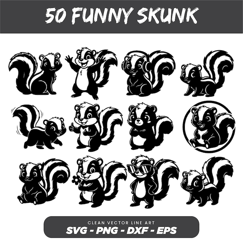 Funny Skunk Clipart | 50 Kawaii Animal Line Art Designs (svg, Png, Dxf ...