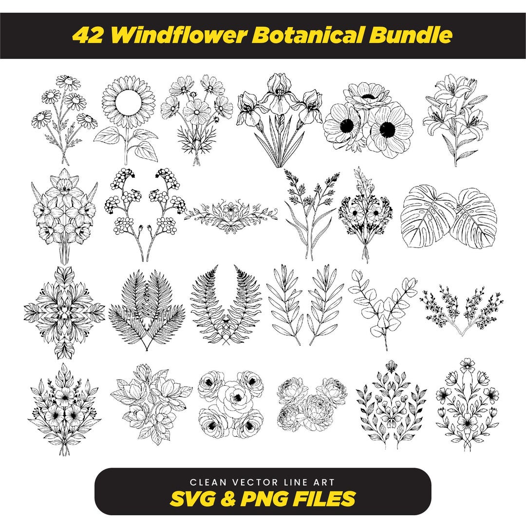 Windflower Botanical SVG Bundle | Floral Line Art Clipart (42 Designs ...