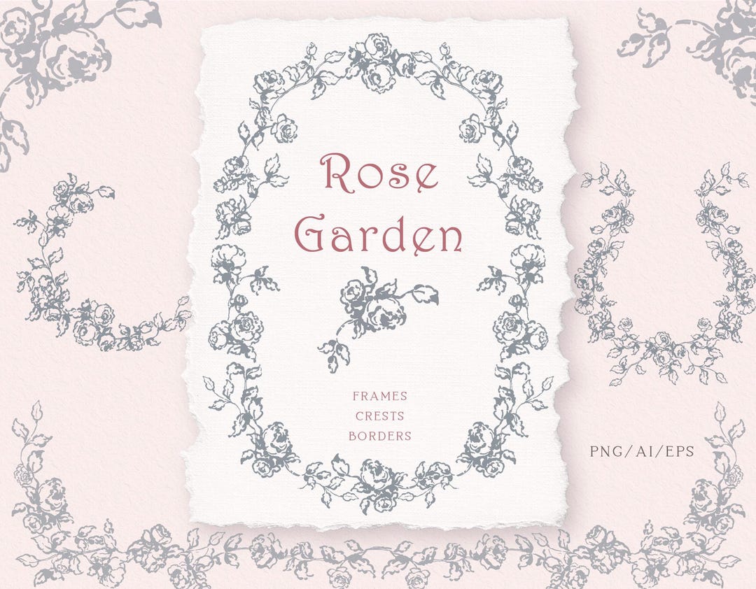 Rose Floral Frame Clipart, Fine Line Wedding Crest (PNG, AI, EPS ...