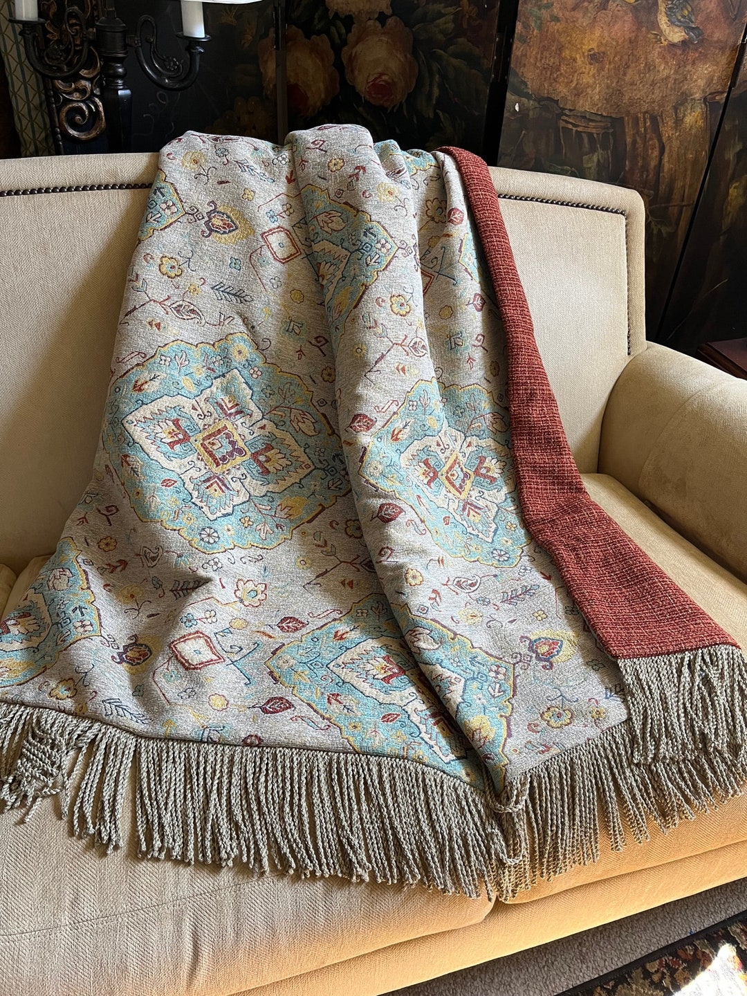 Blue and Rust Tribal Throw Blanket, Southwest Designer Tapestry Throw ...