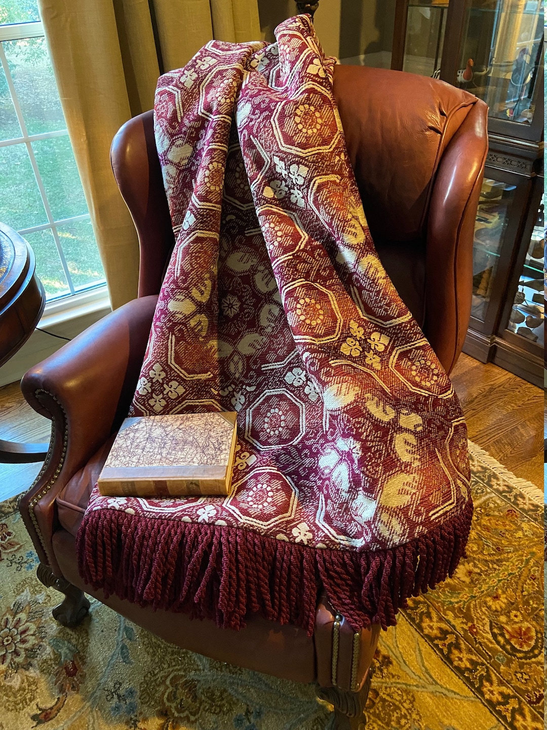 Heavy Tapestry Throw Blanket, Merlot Cabernet Red Chenille Blend ...