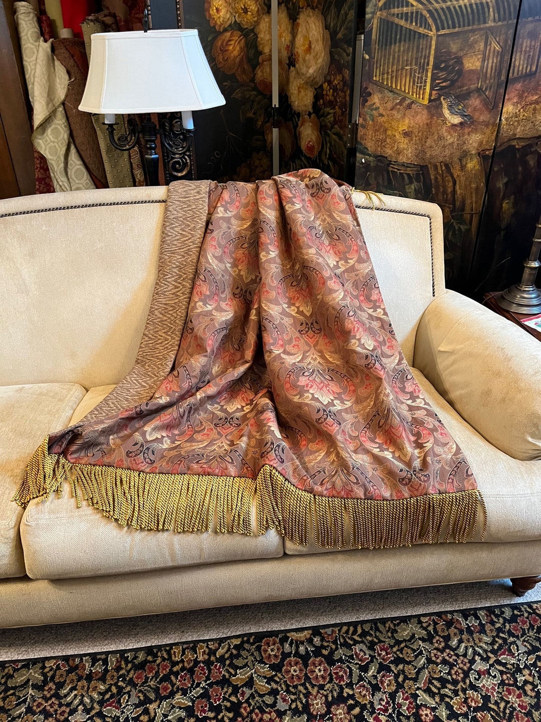 Earth Tone Brocade Throw Blanket With Chenille Backing, Elegant ...