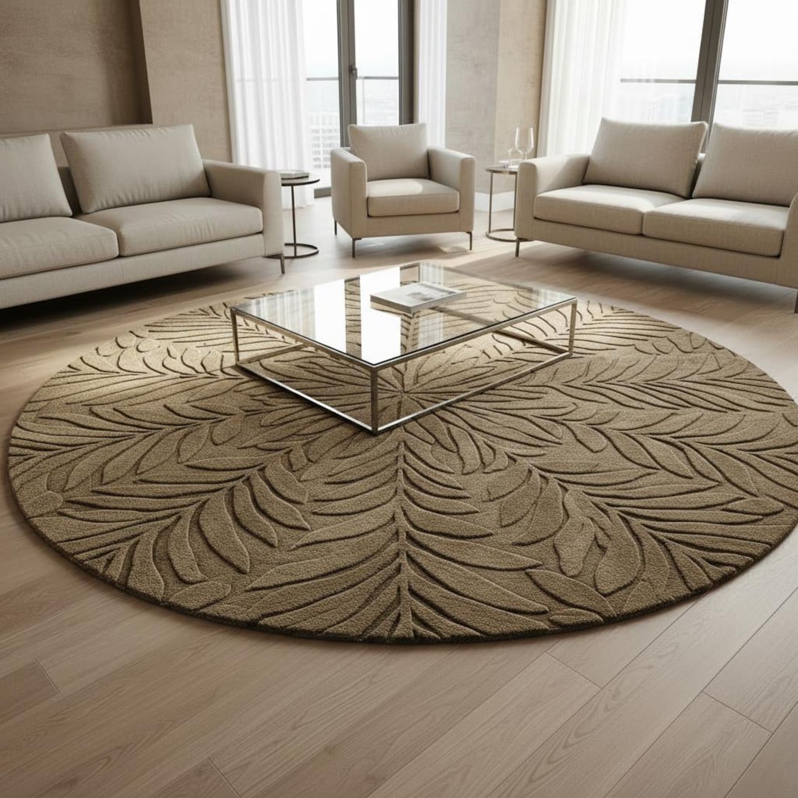 Brown Round Hand Tufted Wool Rug 5x5/6x6– Leaf Pattern Area Rug, 8x8 ...