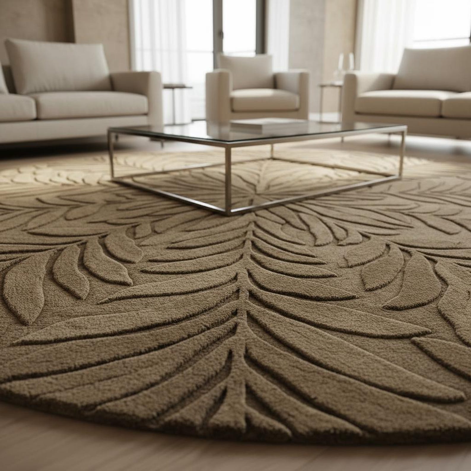 Brown Round Hand Tufted Wool Rug 5x5/6x6– Leaf Pattern Area Rug, 8x8 ...