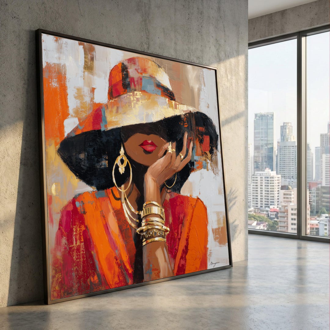 Elegant Woman in Wide Brim Hat, Abstract Canvas Wall Art, Modern ...