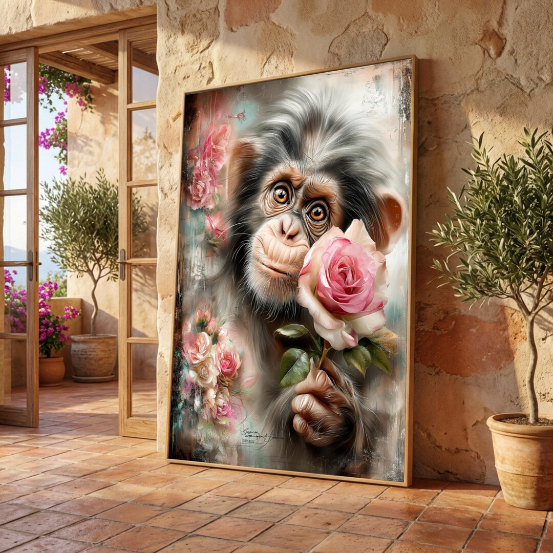 Chimpanzee With Pink Rose Canvas Print, Floral Wildlife Art - Etsy