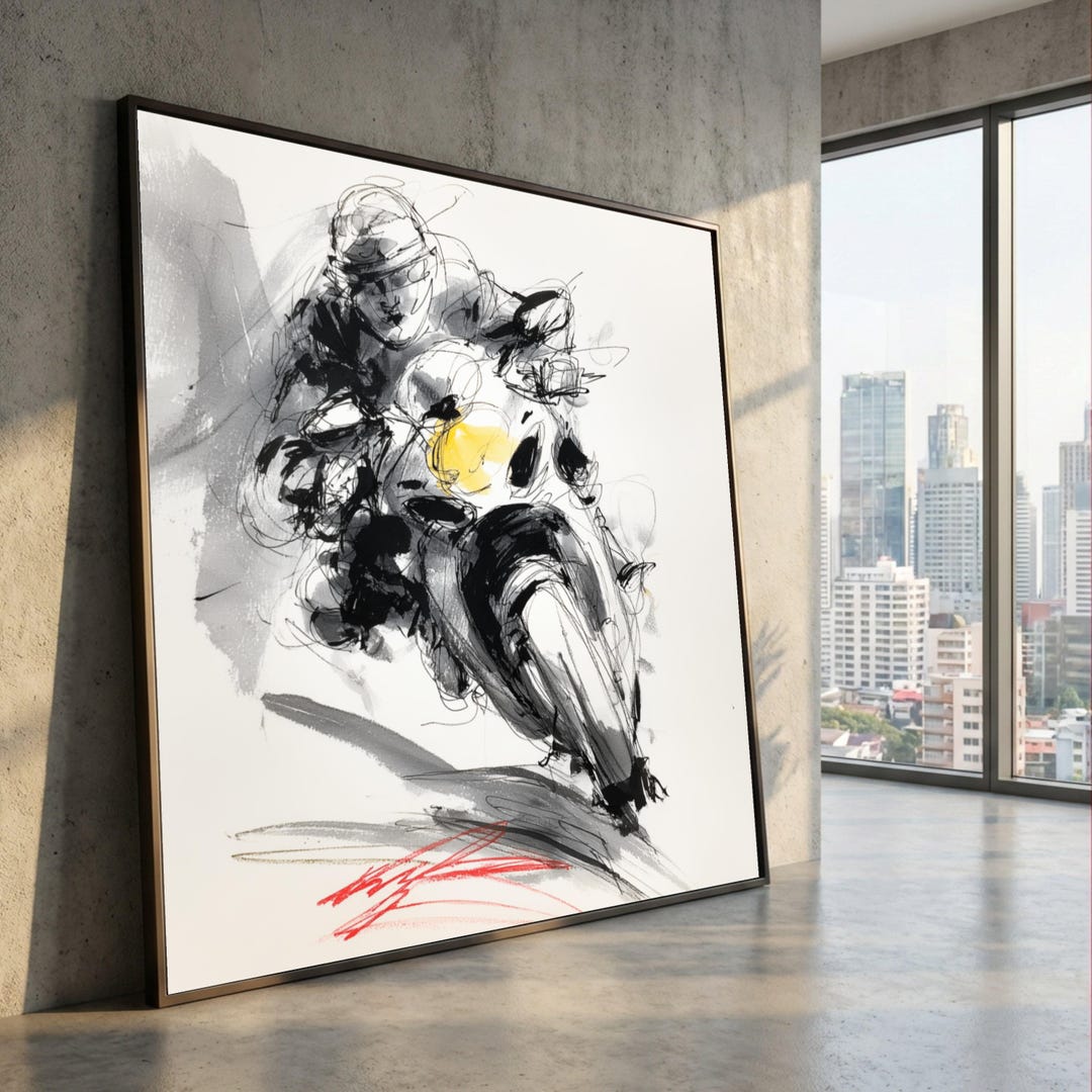 Dynamic Motorcycle Racer Sketch Canvas, Abstract Motorbike Art, Modern ...