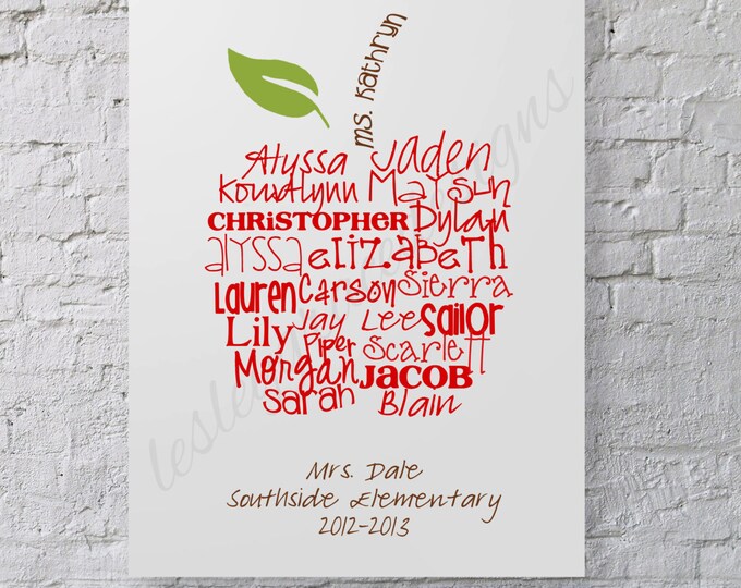 PRINTABLE Teacher Apple Art Print | Typography Art | Personalized Art ...