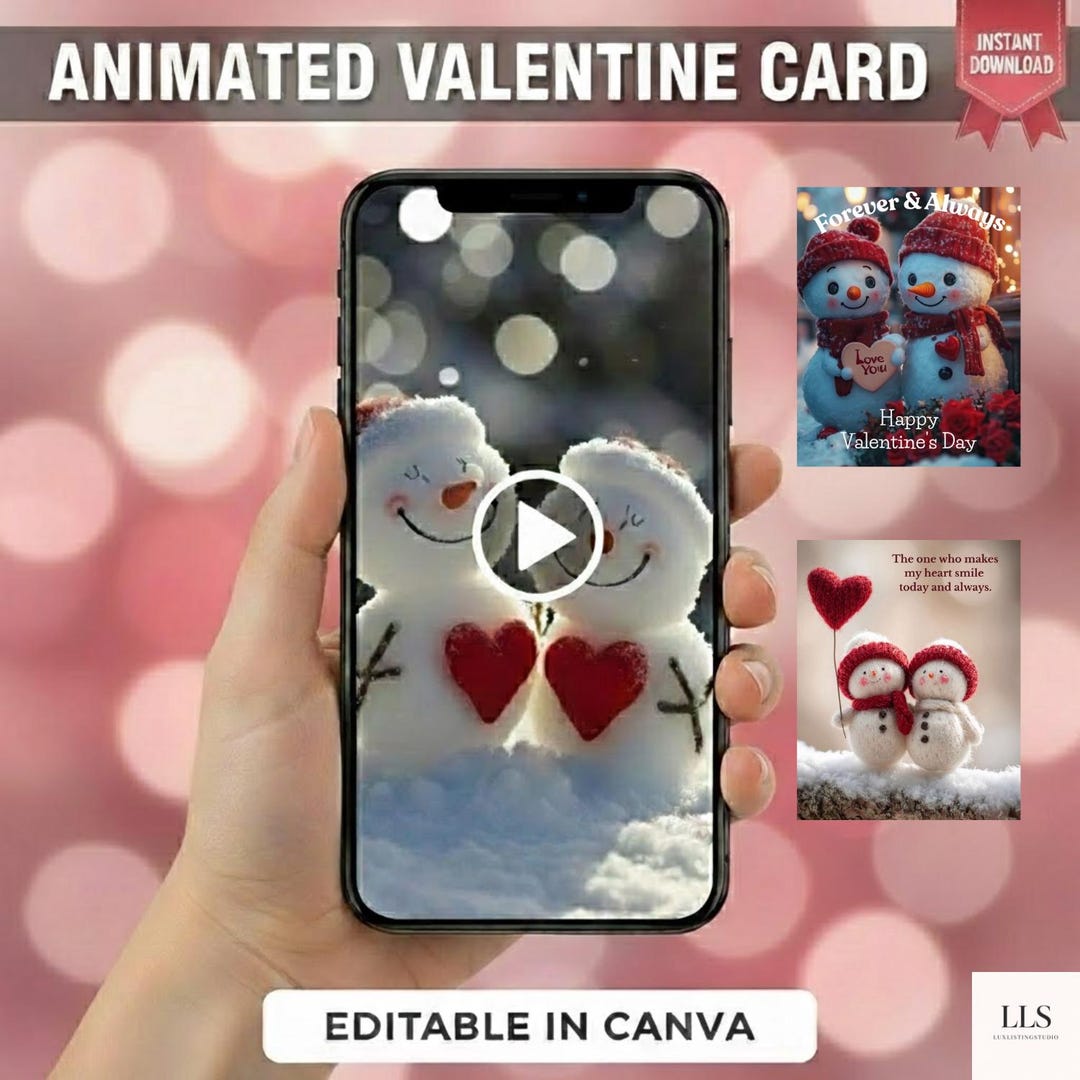 Snowman Couple Animated Valentine's Day Card | Editable Canva Template ...