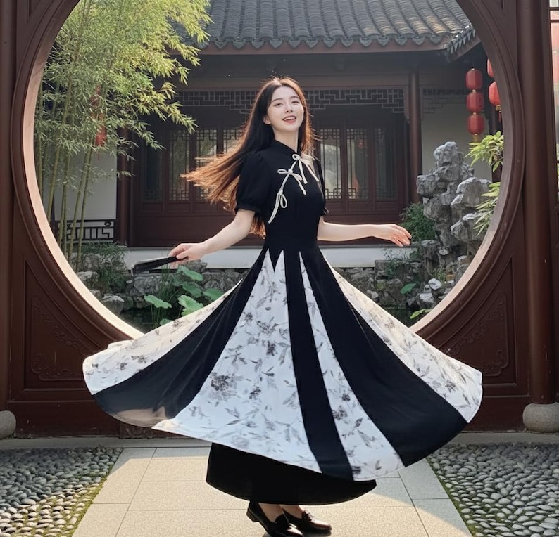 Modern Cheongsam Dress Black and White Floral Qipao, Elegant Chinese ...
