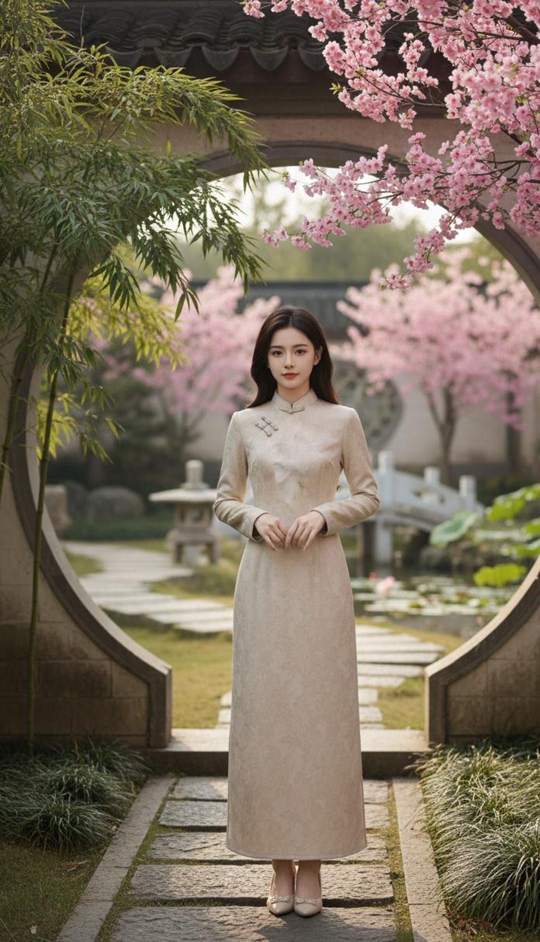 Elegant Cream Jacquard Cheongsam Maxi Dress | Long Sleeve Qipao Evening ...