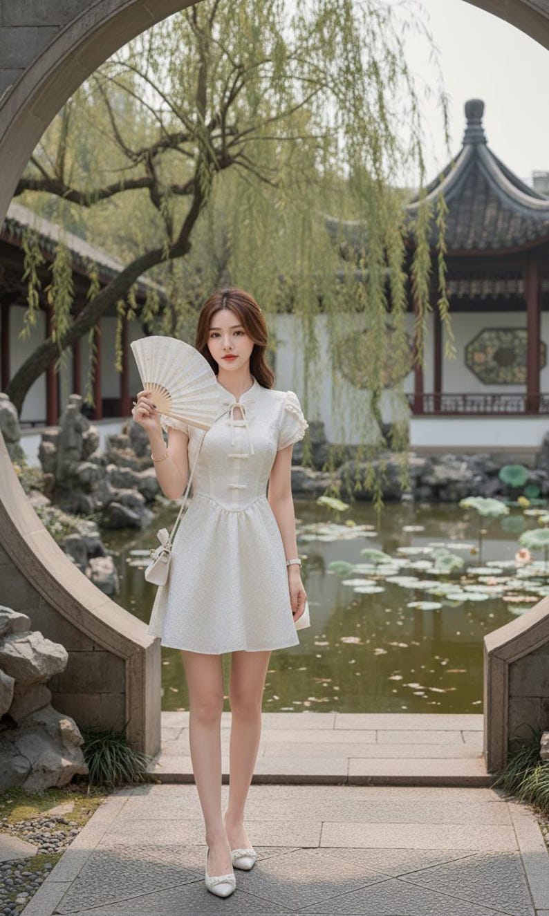 Vestido mini cheongsam moderno: vestido blanco de jacquard con mangas ...