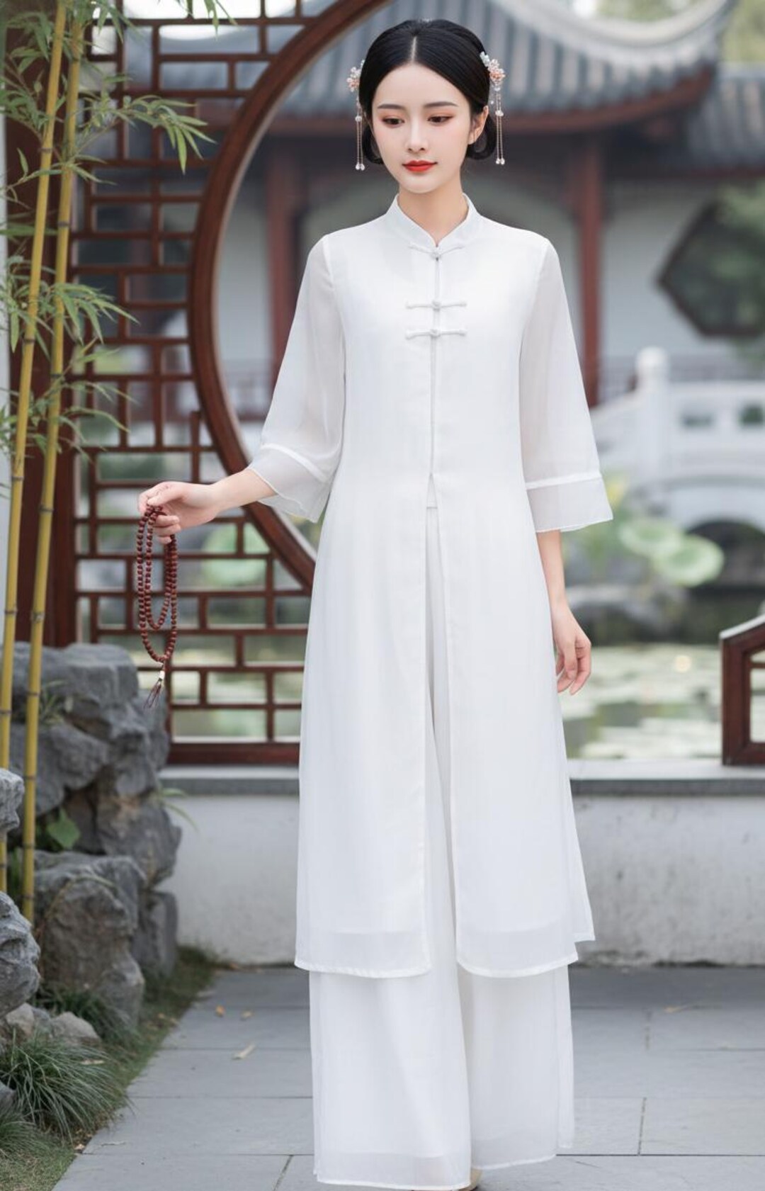 Elegant White Zen Style Hanfu Set, Minimalist Linen-silk Meditation ...
