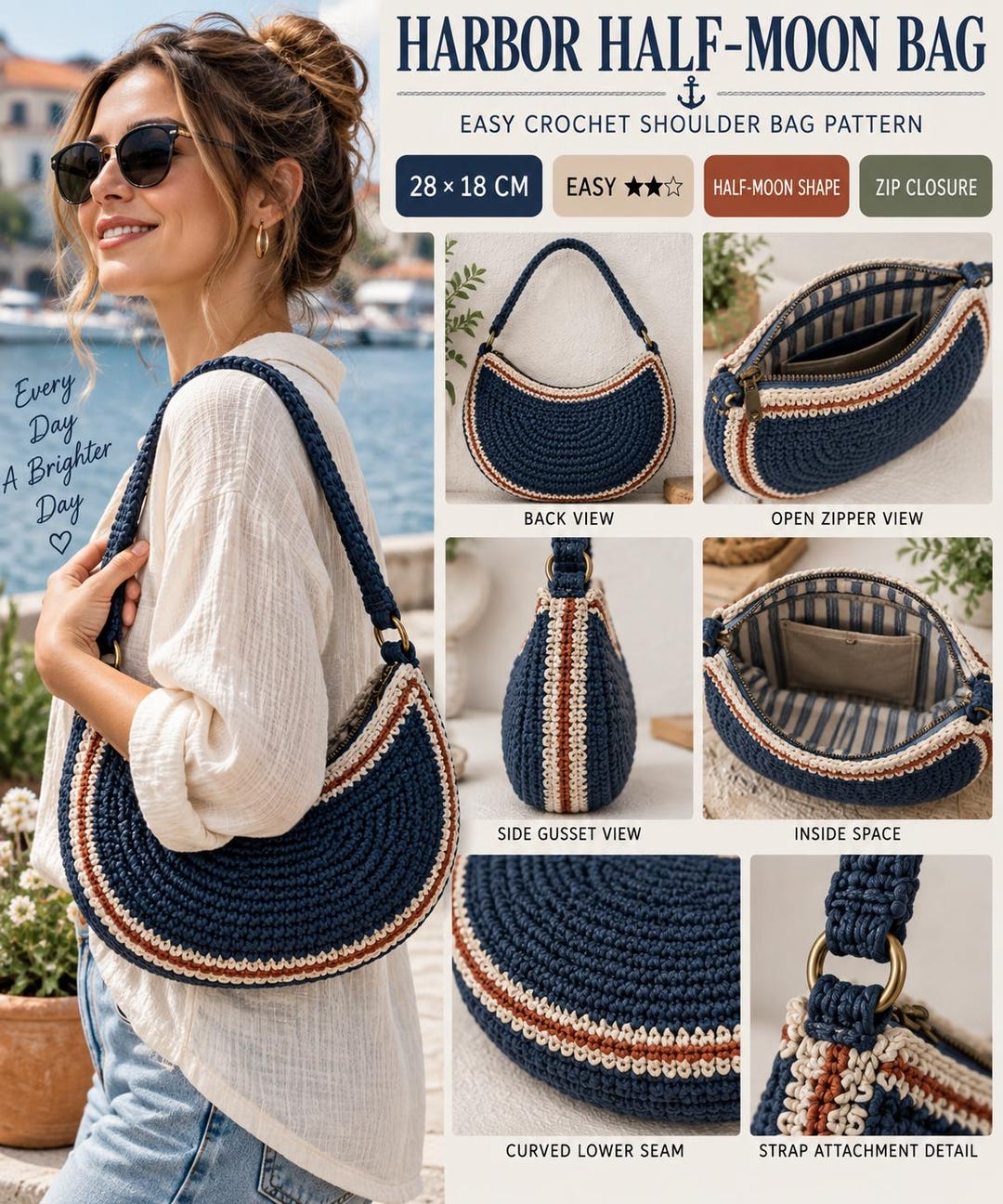 Crochet Half Moon Bag Pattern, Crescent Shoulder Purse PDF, Zipper ...