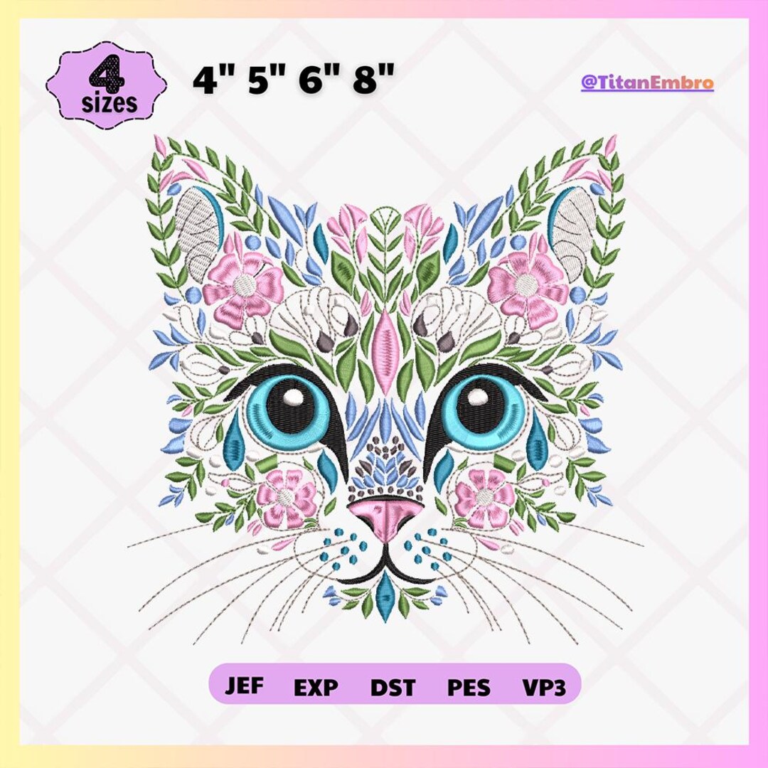 Floral Cat Face Embroidery Design, Wildflower Cat Machine File ...