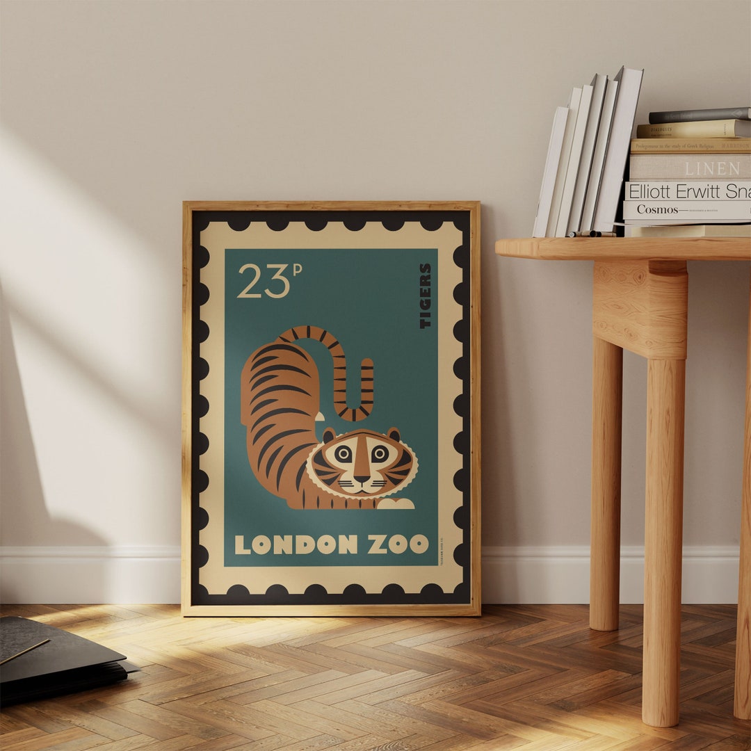 London Zoo Inspired Retro Postage Stamp Style Poster, Tiger, Animal Art ...