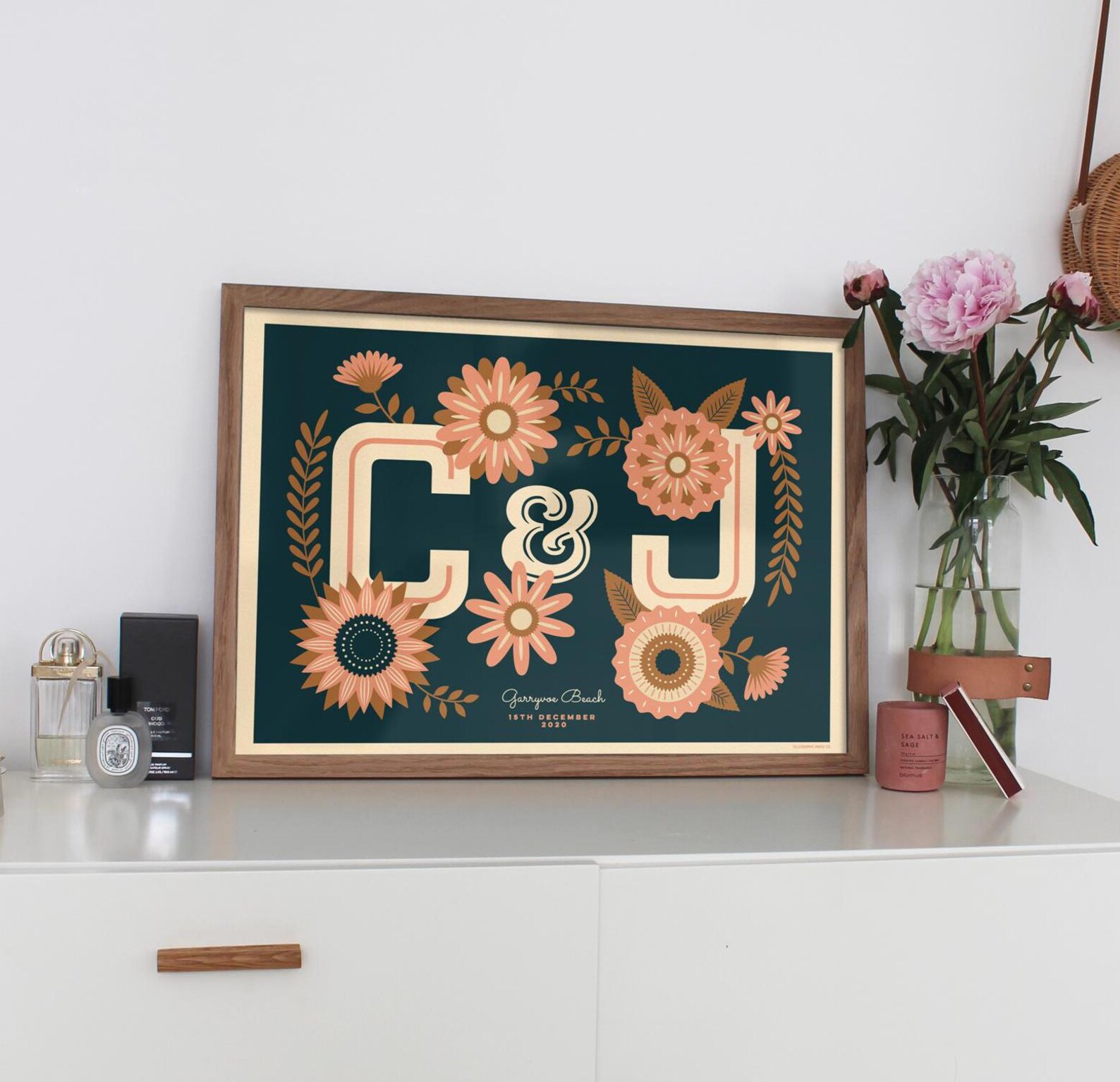 Initials Personalised Custom Floral Art Print Typographic Couple Print ...