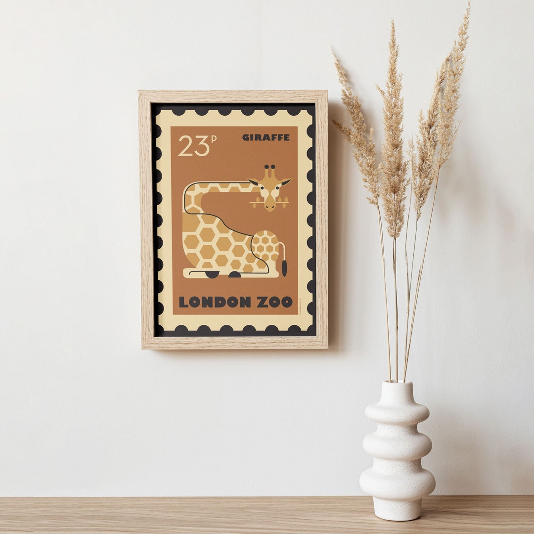 London Zoo Inspired Retro Postage Stamp Style Poster, Giraffe, Animal ...