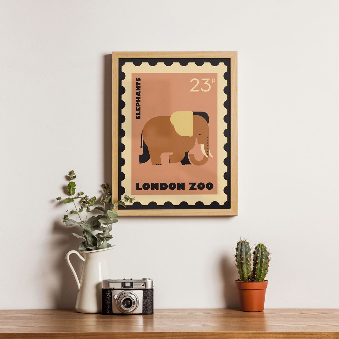 London Zoo Inspired Retro Postage Stamp Style Poster, Elephant, Animal ...