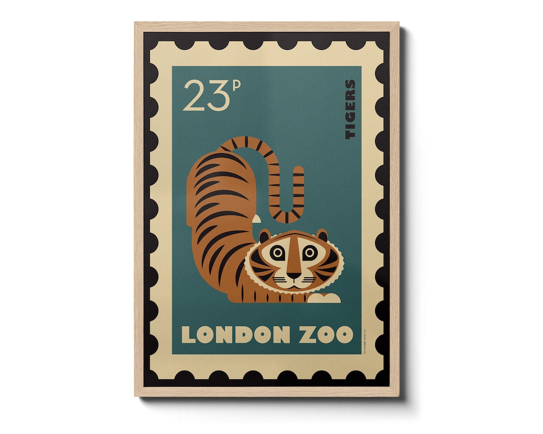 London Zoo Inspired Retro Postage Stamp Style Poster, Tiger, Animal Art ...